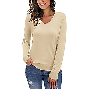 STYLEWORD Women's Lightweight V Neck Apricot Sweater Long Sleeve Pullover Knit Base Casual Loose Shirts Top(Apricot-M)