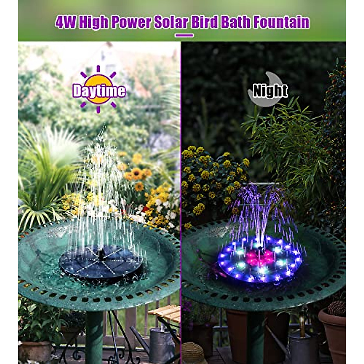 SZMP Solar Fountain 4W Bird Bath Fountains 2024 Upgraded 60LED Lights, Solar Powered Fountain Pump Built-in 4000 Battery with 7 Nozzle & 4 Fixer, Solar Water Fountain for Garden, Bird Bath, Pool, Pond