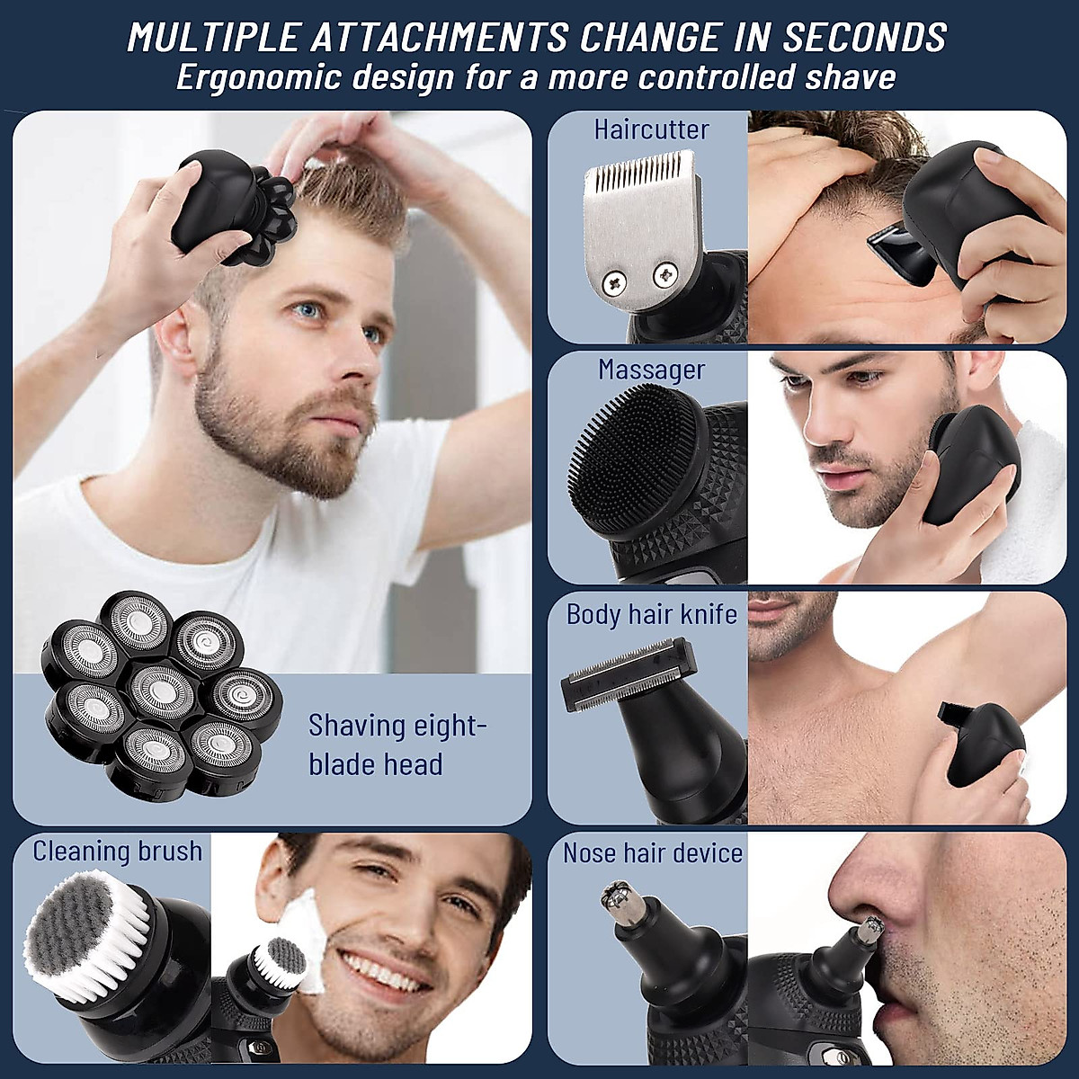 Bsotena Electric Razor for Men, 8D 6-in-1 Head Shavers for Bald Men Wet and Dry, Mens Grooming Kit, Mens Shavers Electric Cordless Rechargeable Waterproof Trimmer Td-002