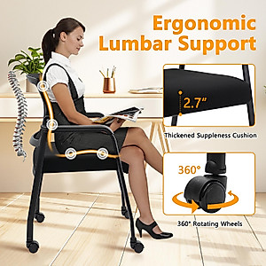 KLASIKA Waiting Room Chairs with Wheels, Adjustable Mesh Backrest, Desk Chair with Ergonomic Lumbar Support and Thickened Seats Cushion, Black