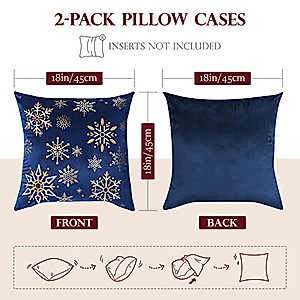 Lewondr Christmas Throw Pillow Covers, Snowflake Embroidery Hot Stamping Pattern Pillowcases Home Xmas Decorative Cushion Covers Soft for Sofa Bed Chair, 2 Pack, Navy Blue