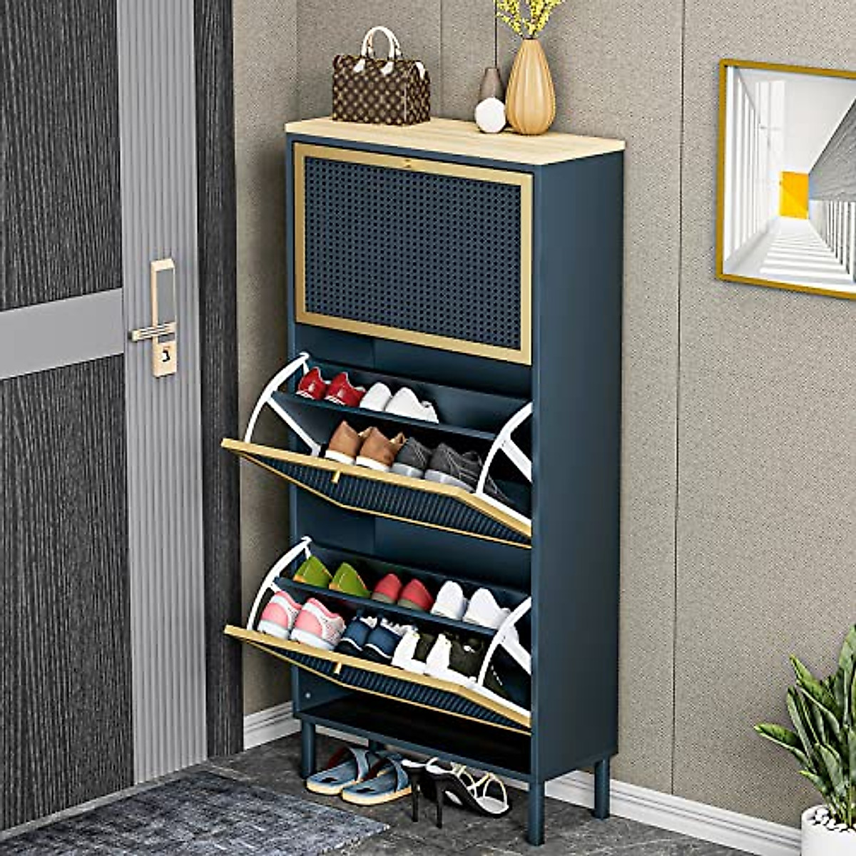Sweiko Entryway Shoe Storage Cabinet with 3 Flip Drawers Metal Door Shoe Cabinet Organizer with Mesh Door Freestanding Shoe Rack Storage Cabinet with Wooden Top for Hallway Bedroom Mudroom Blue-Gray