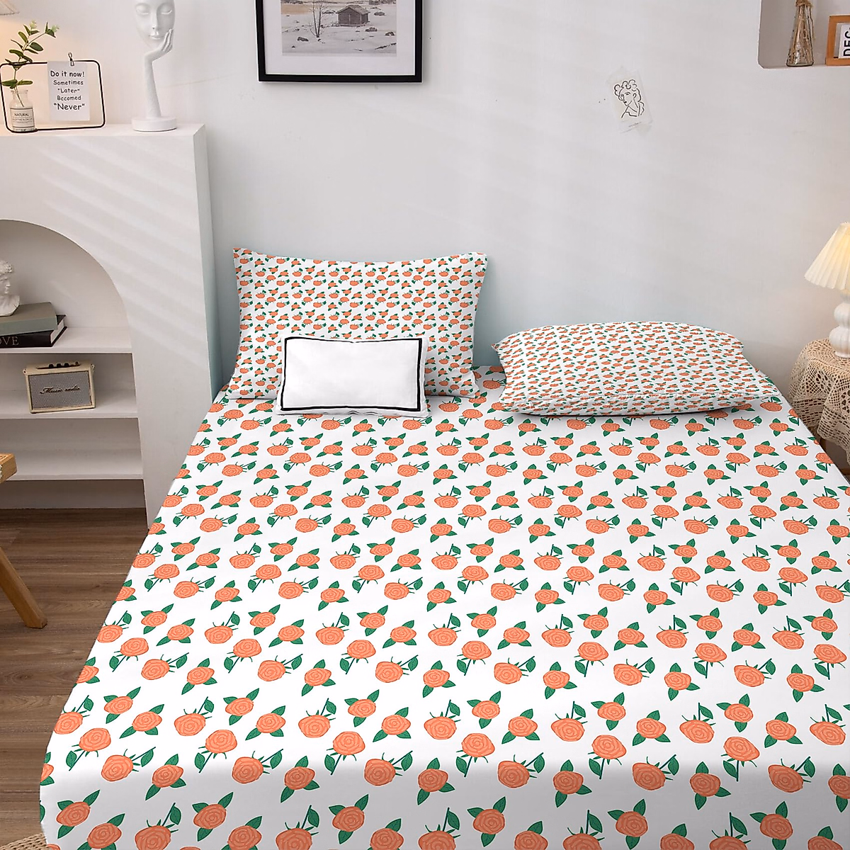 Flower Sheets Full Size, Floral Botanical Bed Sheets, Patterned Bedding Sheets & Pillowcases 4 Piece Set - Soft Microfiber Deep Pocket Fitted Sheet & Flat Sheet & 2 Pillow Cases H3-&-270