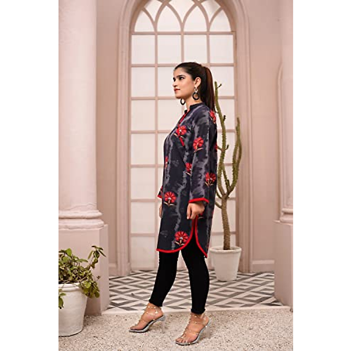 IshDeena Indian Pakistani Short Kurti Tunic Tops - Printed Khaddar Fabric for Women - Office & Casual Wear, Designer, M-3XL (Medium/Black)