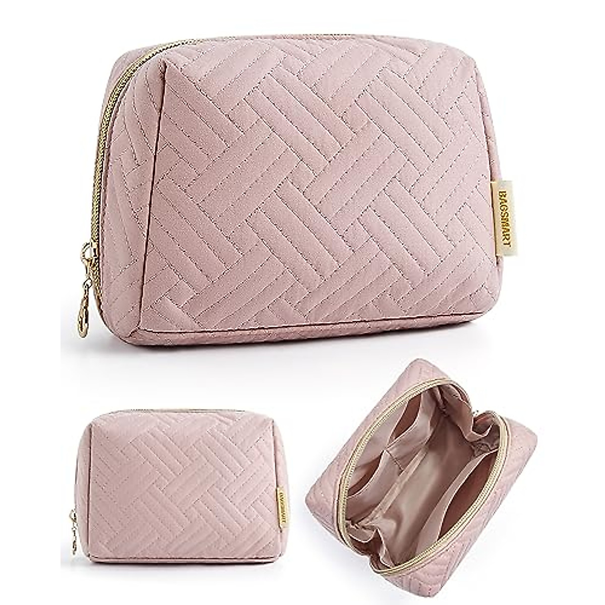 BAGSMART Small Makeup Bag, Travel Cosmetic Bag Make Up Pouch Small Travel Essentials for Women Dorm Room Essentials Pouch,Water-resistant Toiletry Bag,Makeup Organizer Bag,Pink
