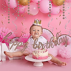 Rose Gold and Silver Birthday Party Decoration- Happy Birthday Banner Rose Gold Glitter Circle Dots Garland and Rose Gold & Silver Hanging Swirls,Birthday Decorations for Women,Baby Shower Party Decorations Supplies