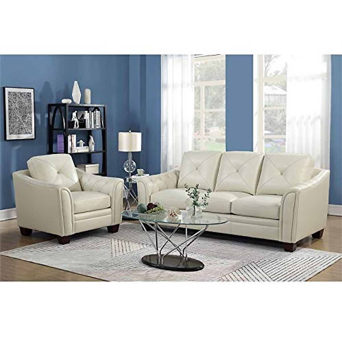 MAKLAINE 86" W Transitional Leather Tufted Fitted Back Sofa with Removable Seat Cushions, Leg Assembly Required, Seats up to 3 People, in Ivory Finish