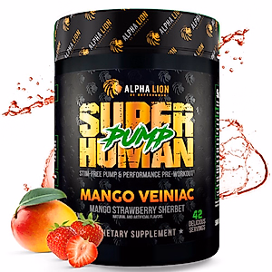 ALPHA LION Superhuman Pump Pre Workout Powder, Nootropic Caffeine & Stim Free Preworkout Supplement, Nitric Oxide Booster, Muscle Gainer, Energy & Focus (42 Servings, Mango Veiniac Flavor)