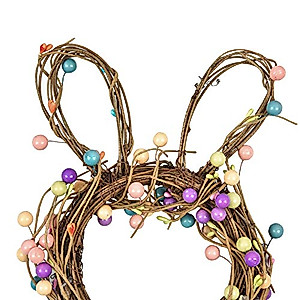 Artflower Easter Bunny Spring Wreath Artificial Grapevine Wreath Pendant Bunny-Shaped Twig Decor with Berries Pastel Handmade Rattan Rabbit Beads Wreath for Front Door Home Garden DIY Wall Decor