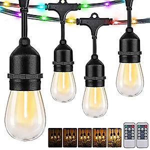 LED Outdoor String Lights, 48FT Patio Lights with Remote & 15 Dimmable Edison Shatterproof Bulbs, RGB Fairy Rope Hanging Light for Outside, Café, Deck, Porch, Garden, Bistro, Christmas Party (Plug)