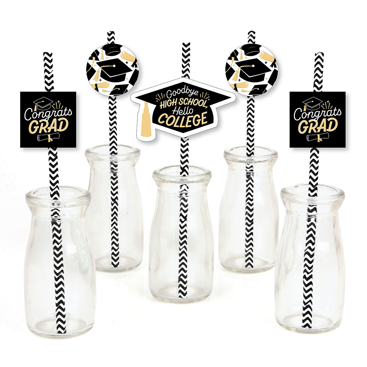 Big Dot of Happiness Hello College Graduation Paper Straw Decor - Party Striped Decorative Straws - Set of 24