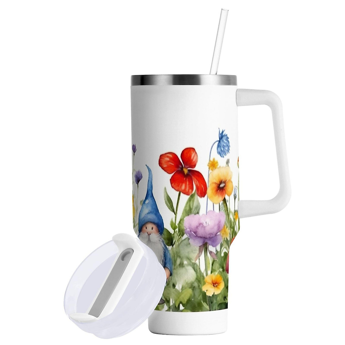 Burbuja Gnomes in Wildflowers 40oz Insulated Tumblers with Handle and Straw Lid, Double Wall Stainless Steel Travel Mug Leak-Proof, BPA Free, Gift for Mom Dad