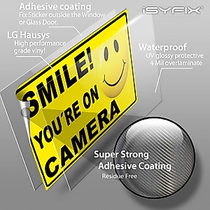 iSYFIX Smile You're on Camera Stickers for Business – 6 Pack 4x2 Inch – Self-Adhesive Vinyl Decal, Laminated for Ultimate UV Protection, Fade Resistance, Security Camera Sign for Home, Business, CCTV