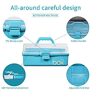 TERGOO 12in Three-Layer Multipurpose Storage Box Organizer Folding Tool Box/Art & Crafts Case/Sewing Supplies Organizer/Medicine Box/Family First Aid Box with 2 Trays (Blue)