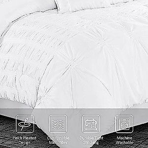 JML California King Comforter Set, 7 Piece Pinch Pleat Bed in a Bag Set with Shams and Decorative Pillows - Luxury Pintuck Microfiber Down Alternative Bedding Comforter Sets,White