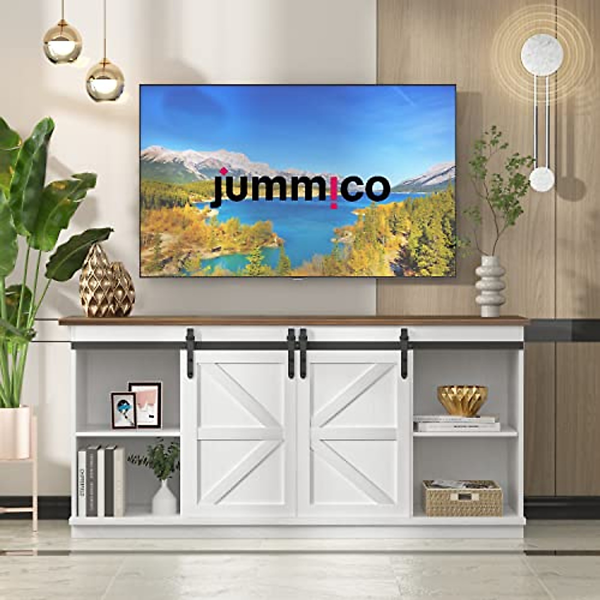 JUMMICO Farmhouse TV Stand up to 65 Inches, Mid Century Modern Entertainment Center with Sliding Barn Doors and Storage Cabinets, Metal Media TV Console Table for Living Room Bedroom (Bright White)
