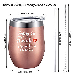 2 Pack Well-designed Nurse Coffee Mug for Women, Safety 1st Drink with a Nurse, Nurses Week Graduation Birthday for Nurse Coworker, 12 oz Nurse Wine Tumbler with Lid, Straw and Brush (Rose gold)