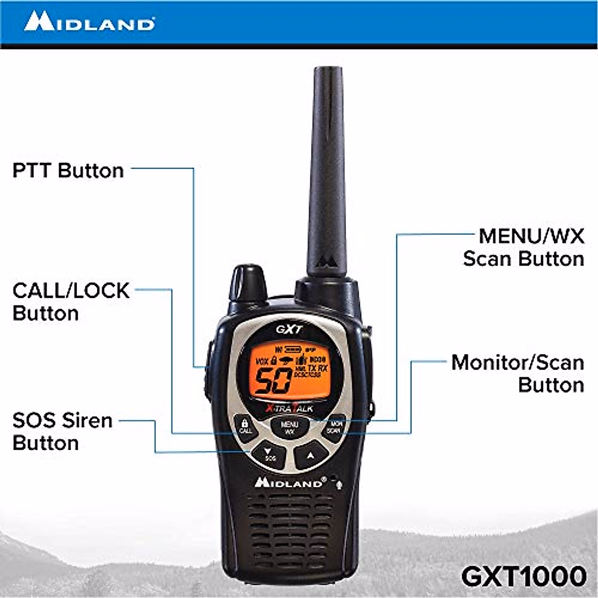 Midland GXT1000VP4 50 Channel GMRS Two-Way Radio - Up to 36 Mile Range Walkie Talkie - Black/Silver (Pack of 8)