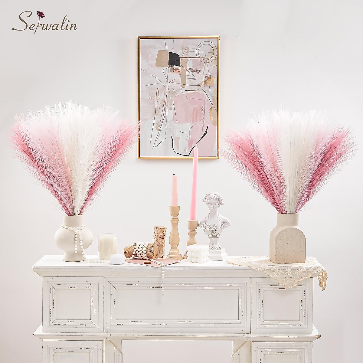 Serwalin Pampas Grass Pink 17.7 Inch 6pcs, Artificial Pampas Grass Faux Pink Pompas Grass Decor, Short Pompous Grass Blush Room Decoration, Wedding Party Centerpieces Valentine Mothers Day