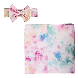 TOYANDONA Infant Swaddle Wrap Tie Dye Receiving Blanket with Bow Headbands Baby Wrap Blanket Stretchy Swaddle Sack Photo Booth Prop for Newborn Infant Baby Unisex