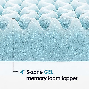 Mellow 4 Inch 5-Zone Memory Foam Mattress Topper, Cooling Gel Infusion, Short Queen