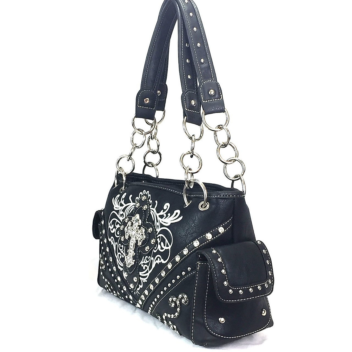 Zzfab Cross Embroidered Western Handbag Rhinestone Purse Black