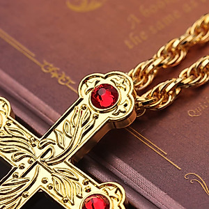 Religious Jesus Crucifix Jeweled Necklace - 18k Gold Plated Jeweled Pectoral Cross Necklace Zircons Crystals Christian Church Golden Priest Crucifix Orthodox Jewelry Baptism Gift Religious Icons (B)