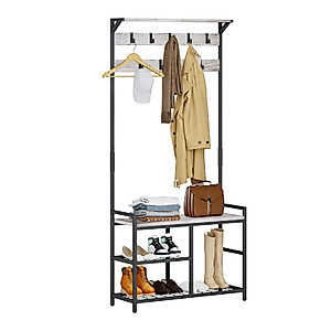 HOMEKOKO Coat Rack Shoe Bench, Hall Tree Entryway Storage Bench, Wood Look Accent Furniture with Metal Frame, 3-in-1 Design (Black & Greige)