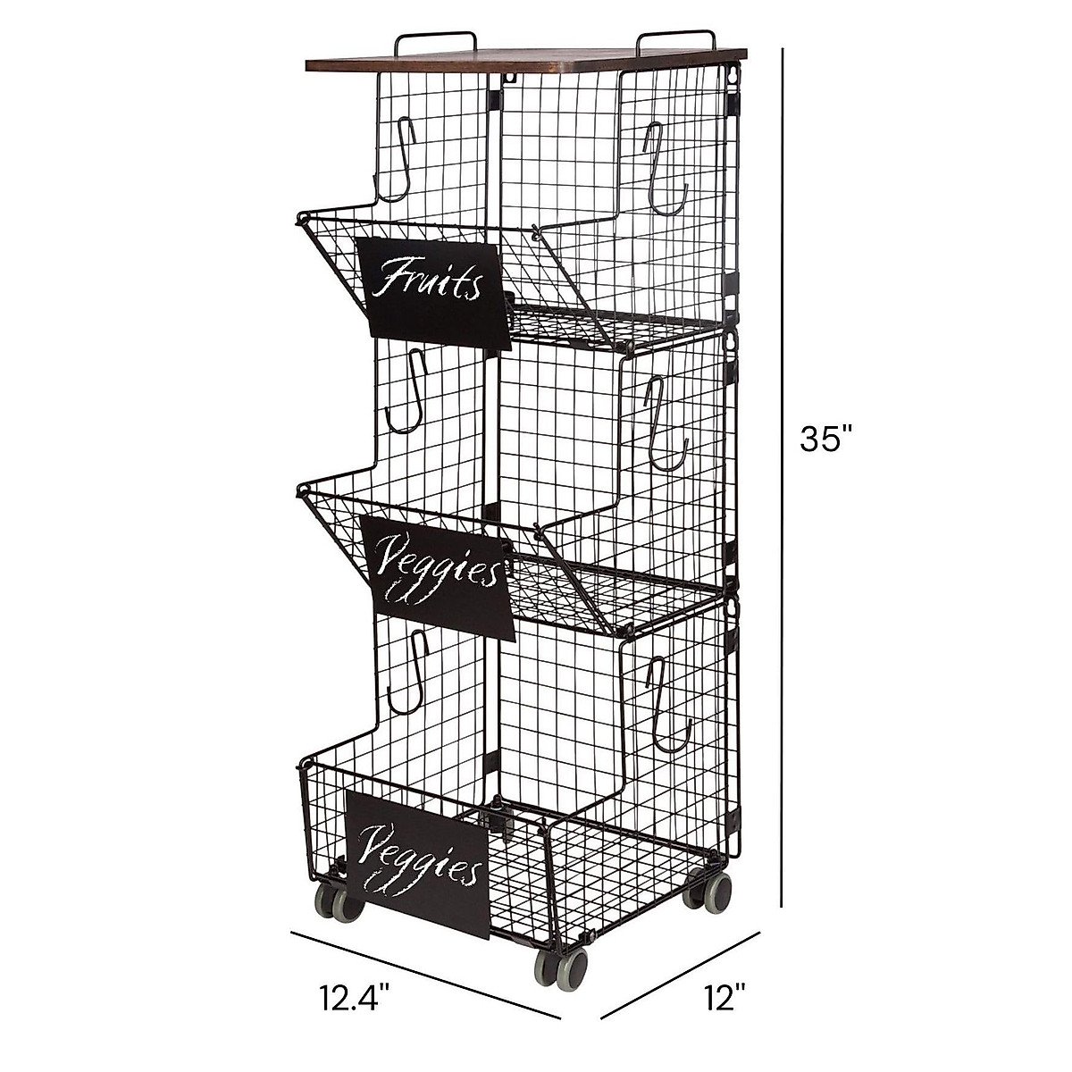 Granrosi 3 Tier Fruit Basket Stand for Kitchen Floor & Pantry — Stackable Rolling Fruit Cart & Vegetable Rack on Wheels; Produce Cart with Wooden Tabletop; 3 Tier Wire Basket Stand