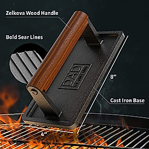 Soho Grilling Gift for Dad, BBQ Cast Iron Grill Press for Smash Burger, Hamburger, Meat, Bacon (2.6 lbs) Cooking Weight with Wood Handle for Christmas/Birthday “Dad The Grill King” (Gift Boxed)