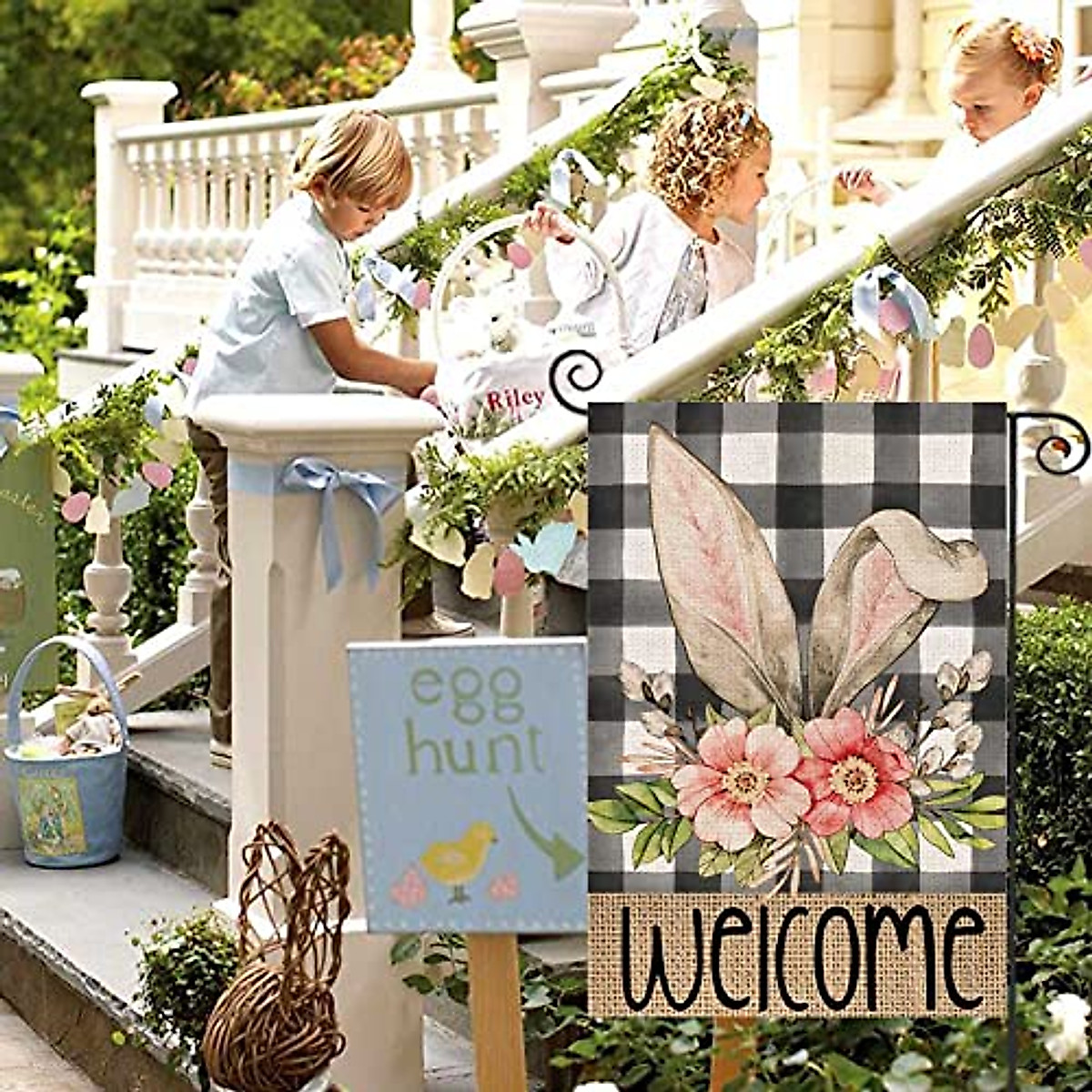 Welcome Easter Garden Flag for Outdoor 12x18 Double Sided,Buffalo Plaid Bunny Ears with Flowers Small Yard Flag,Seasonal Decors for Spring Outside Farmhouse Holiday