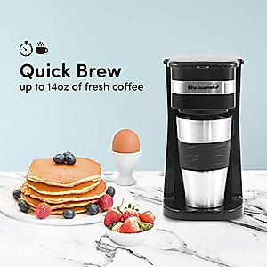 Elite Gourmet EHC111A Personal Single-Serve Compact Coffee Maker Brewer Includes 14Oz. Stainless Steel Interior Thermal Travel Mug, Compatible with Coffee Grounds, Reusable Filter, Black