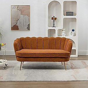 59" Wide Modern Loveseat Small Sofa Couch Mini Room Couch Boucle Upholstered Two-Seater Sofa with Gold Metal Legs, Channel Tufted Back Loveseat Sofa for Small Space Bedroom Studio Apartment, Caramel