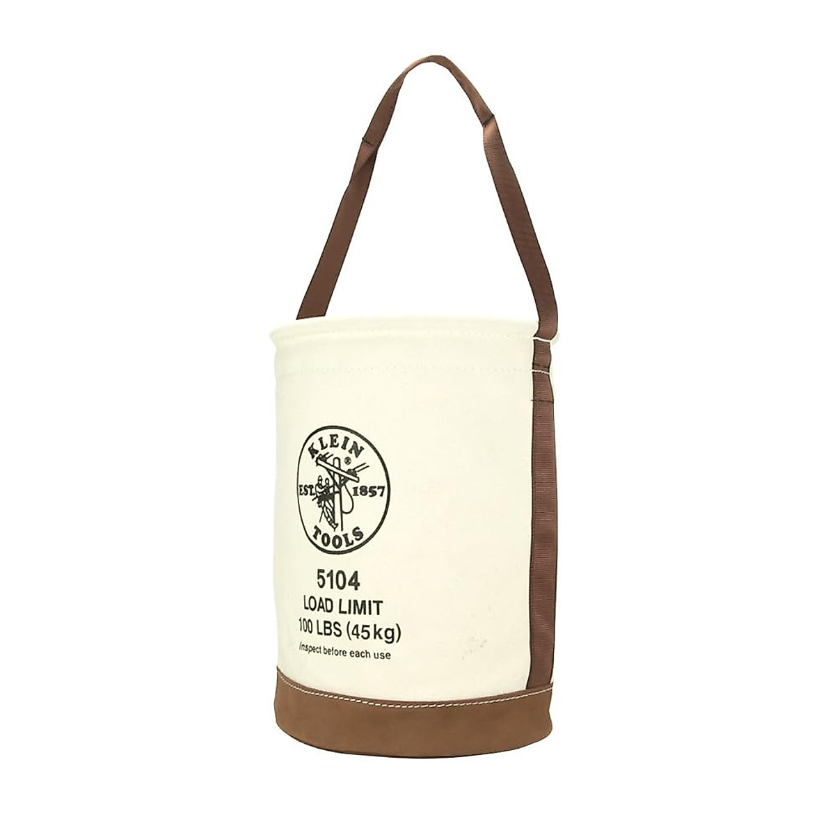 Klein Tools 5104 Canvas Bucket with Leather Bottom, 12-Inch Diameter, 1 Pocket, 100-Pound Load Rated Utility Bucket, Natural