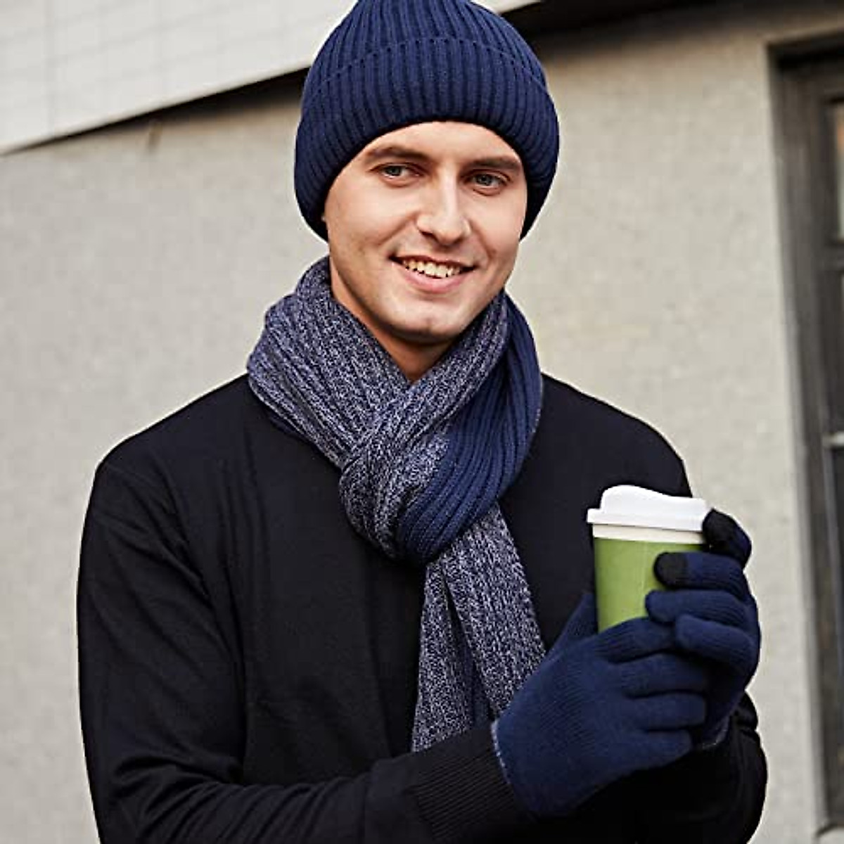 Winter Beanie Hats for Men 3 Pieces Warm Scarf Touchscreen Gloves Set Mens Fleece Lined Knit Cap for Cold Weather