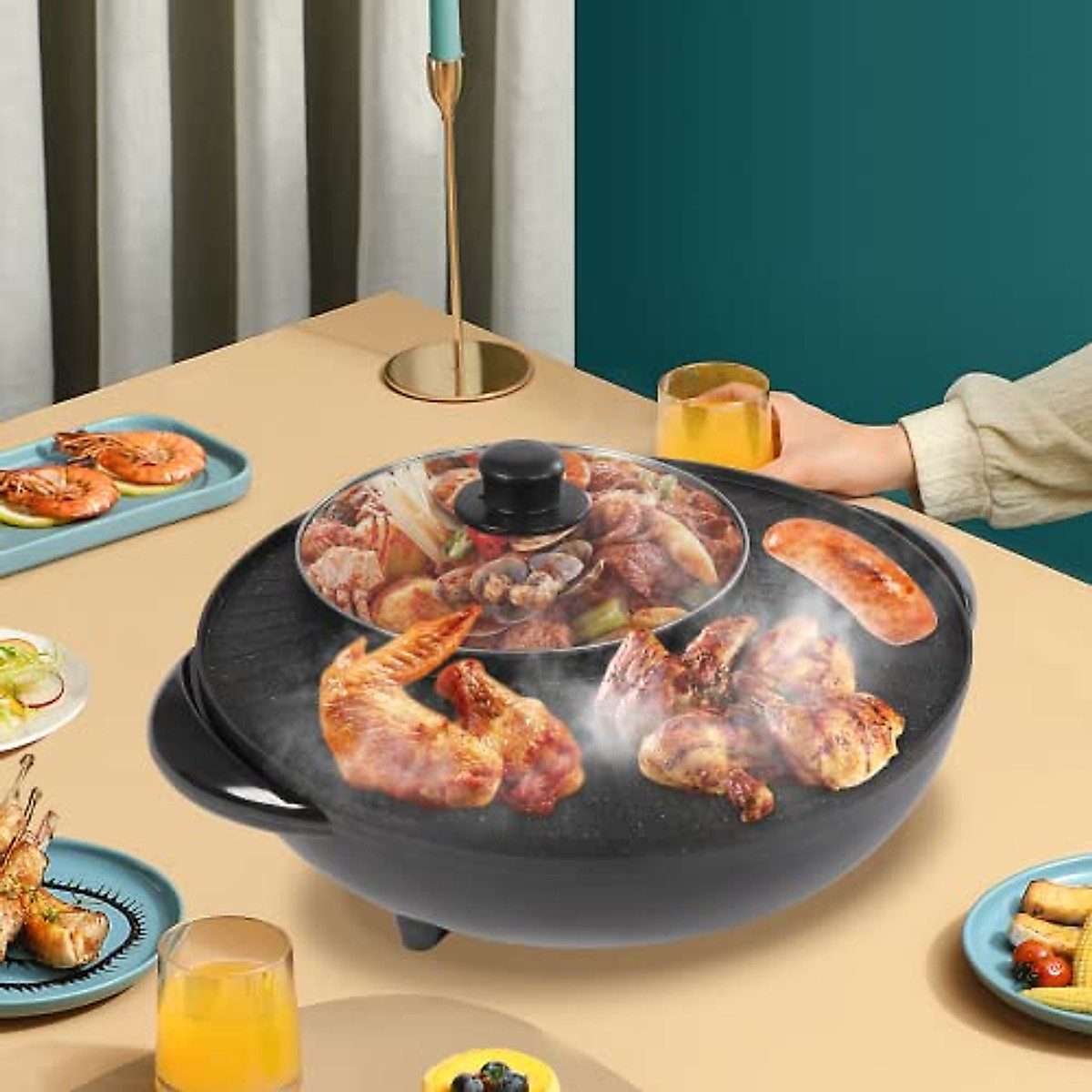 SNKOURIN Hot Pot with Grill 2 in 1, Multifunctional Smokeless Korean Barbecue Grill, Indoor Electric Hotpot Grill Combo, Capacity for 3-5 People, Non-stick Black 110v