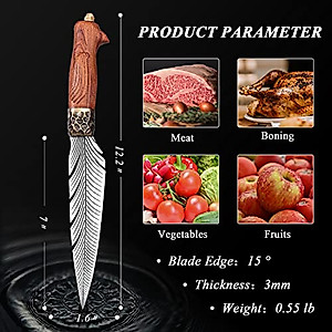 ROCOCO Feather Viking Knife Japanese Forged in Fire Boning Knife Fancy Kitchen Cleaver with Sheath Outdoor Camping BBQ Collection Birthday Christmas Father's Mother's Day Gift 7"