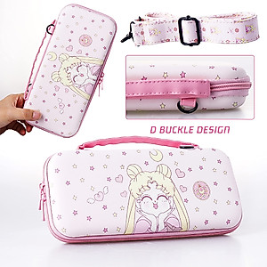 RHOTALL Case Compatible with Nintendo Switch & Switch OLED Carrying Case 2 in 1 Shoulder & Hand Strap, Protective Hard Portable Travel Carry Case Shell Pouch for Switch Accessories (Moon Pink)