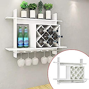 WANLECY Wall Mounted Wine Rack, 6 Bottles Wooden Wine Storage Display Rack with Metal Glass Holder, Modern Diamond-Shaped Wine Bottle Glass Holder Shelf for Wine Bottles, Liquor, Champagne