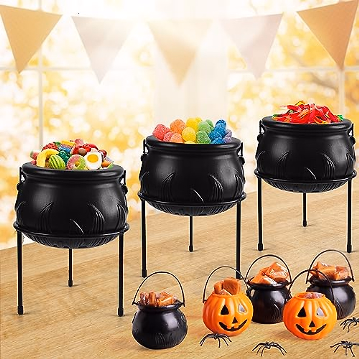 Rocinha Halloween Party Decoration, 3 Pcs Witches Cauldron Serving Bowls on Iron Stand, Black Plastic Hocus Pocus Candy Bucket for Halloween Party Indoor Outdoor Home Kitchen Decorations