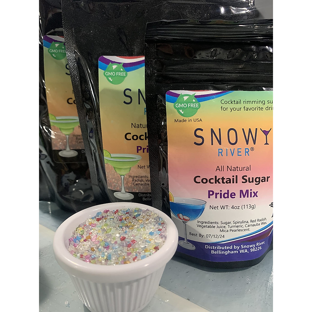 Snowy River Pride Mix Cocktail Sugar - Kosher Rainbow Cocktail Rimmer and Coffee Rimmer (4 Ounce Bag)