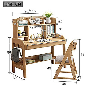 Articles for daily use Solid Wood Children’s Desk Set, Height Adjustable Children’s Wooden Study Table with Drawers and Bookshelves, Boys and Girls Study Tables and Chairs (Natural Wood)