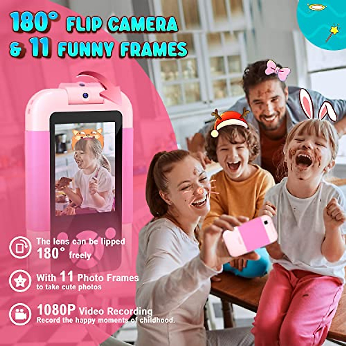 Prysyedawn Kids Phone, Christmas Birthday Gifts for Girls/Boys Age 3-6,Toddler MP3 Music Player with Flip Camera, Alarm Clock Portable Learning Toy for 3 4 5 6 Year Old Girl with SD Card-Pink