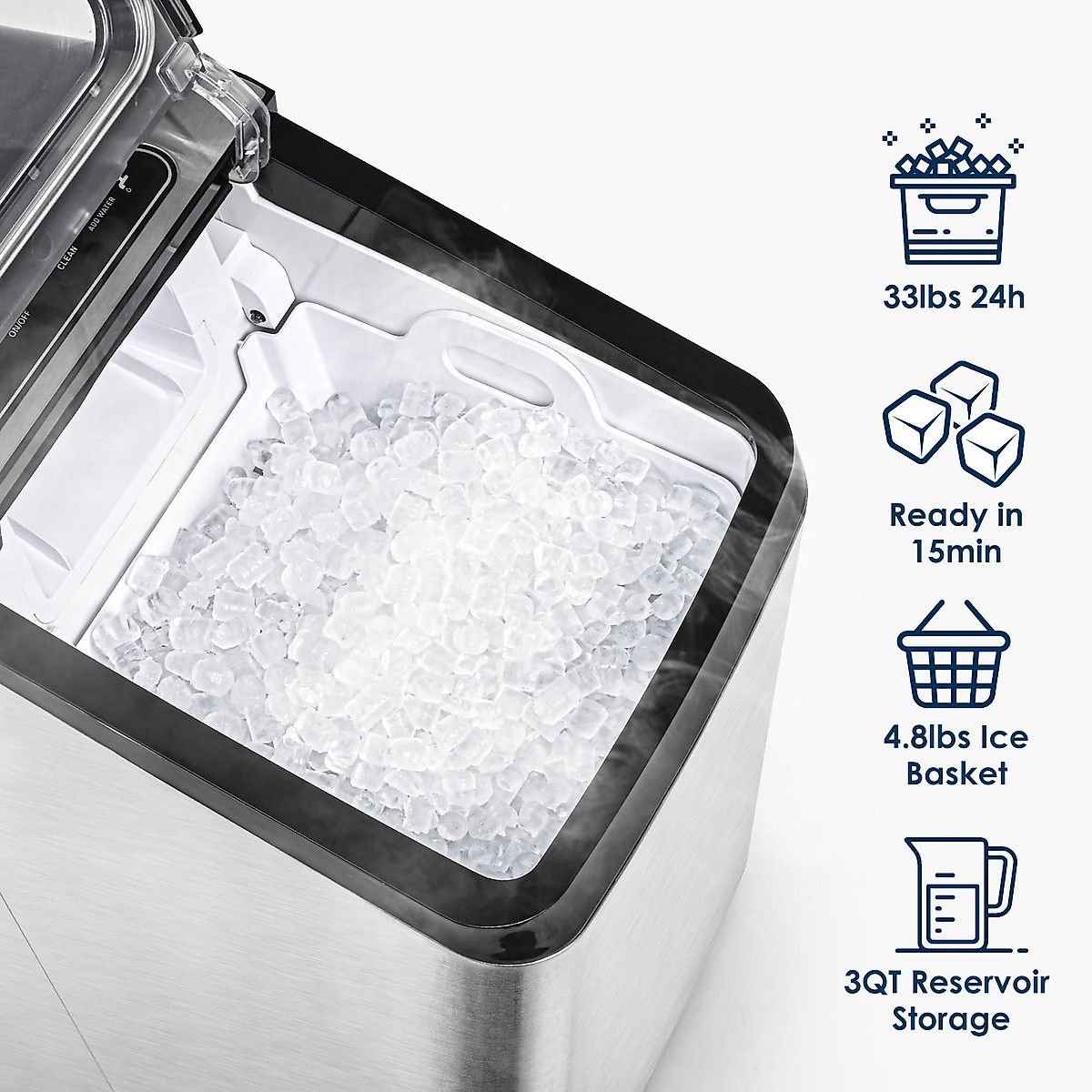 EUHOMY Nugget Ice Maker Countertop, Max 33lbs/day, 2 Way Water Refill, Self-Cleaning Pebble Ice Maker Machine with 3Qt Reservoir, Ice Makers Countertop Ideal for Home, Office, Bar, and Party. (Silver)