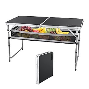 FUNDANGO Height Adjustable Portable Lightweight Folding Camping Table with Layer Mesh Storage Fold Up Foldable Collasible with Handle for Outdoor, Indoor, Beach, BBQ, Picnic,Travel