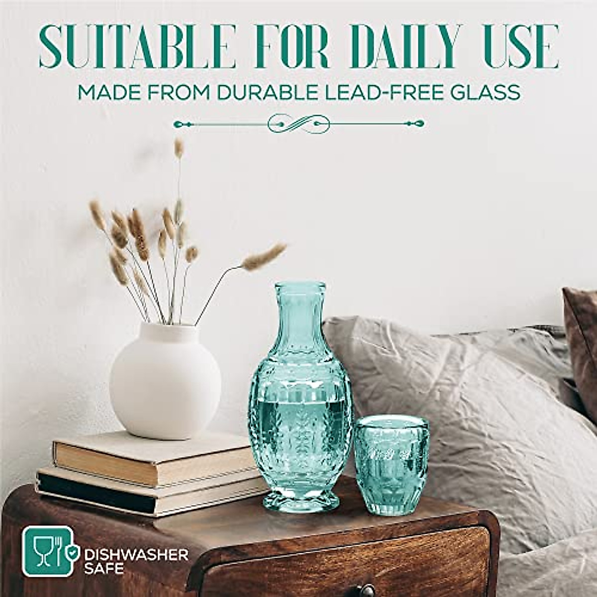 Elle Decor Vintage Bedside Water Carafe with Tumbler Glass – Elegant Pitcher and Matching Drinking Cup Doubles As Lid (Green)