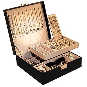 Jewelry Boxes for Women with Code Lock, Black Jewelry Storage Box, Leather Travel Jewelry Box with Mirror, Double Layer Large Jewelry Organizer Box for Watch Rings Necklace Bracelet Earring