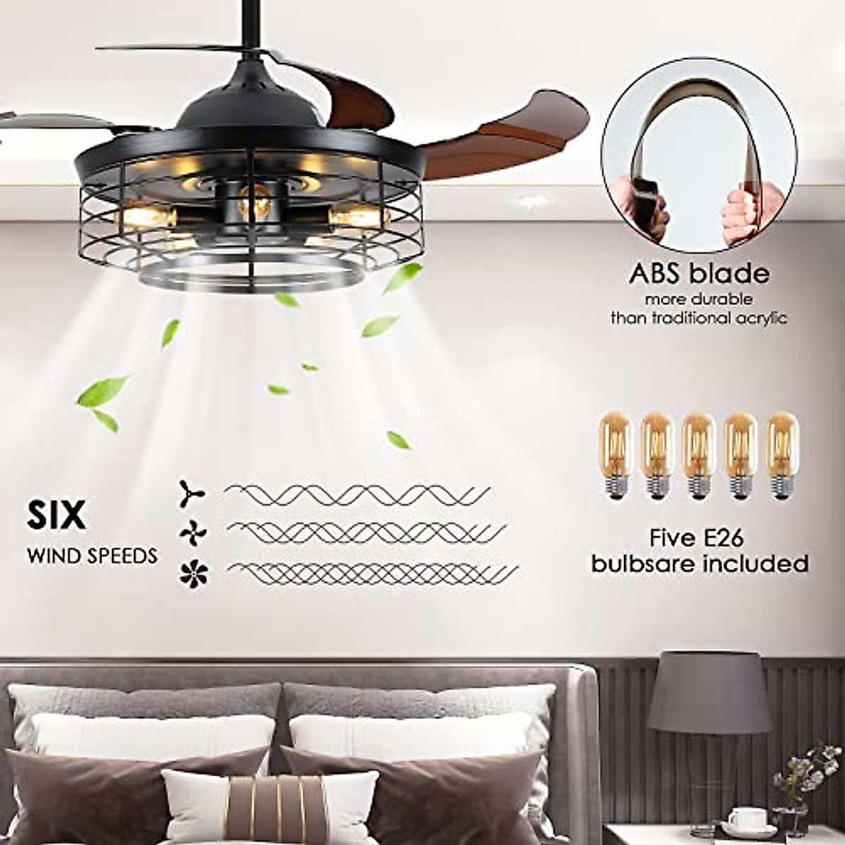 Asyko Retractable Ceiling Fans with Lights and Remote-Caged Farmhouse Ceiling Fan Lights Black, Rustic Industrial Ceiling Fan with Light for Patio Living Room Bedroom（42'' Bulb Included）