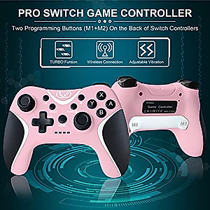 BRHE Wireless Switch Controllers Pink,Nintendo Switch Controller for Nintendo Switch/Lite/OLED/Windows PC with Programmable/Vibration/Turbo Funtion,Switch Pro Controller Gamepad with 2 Thumb Caps