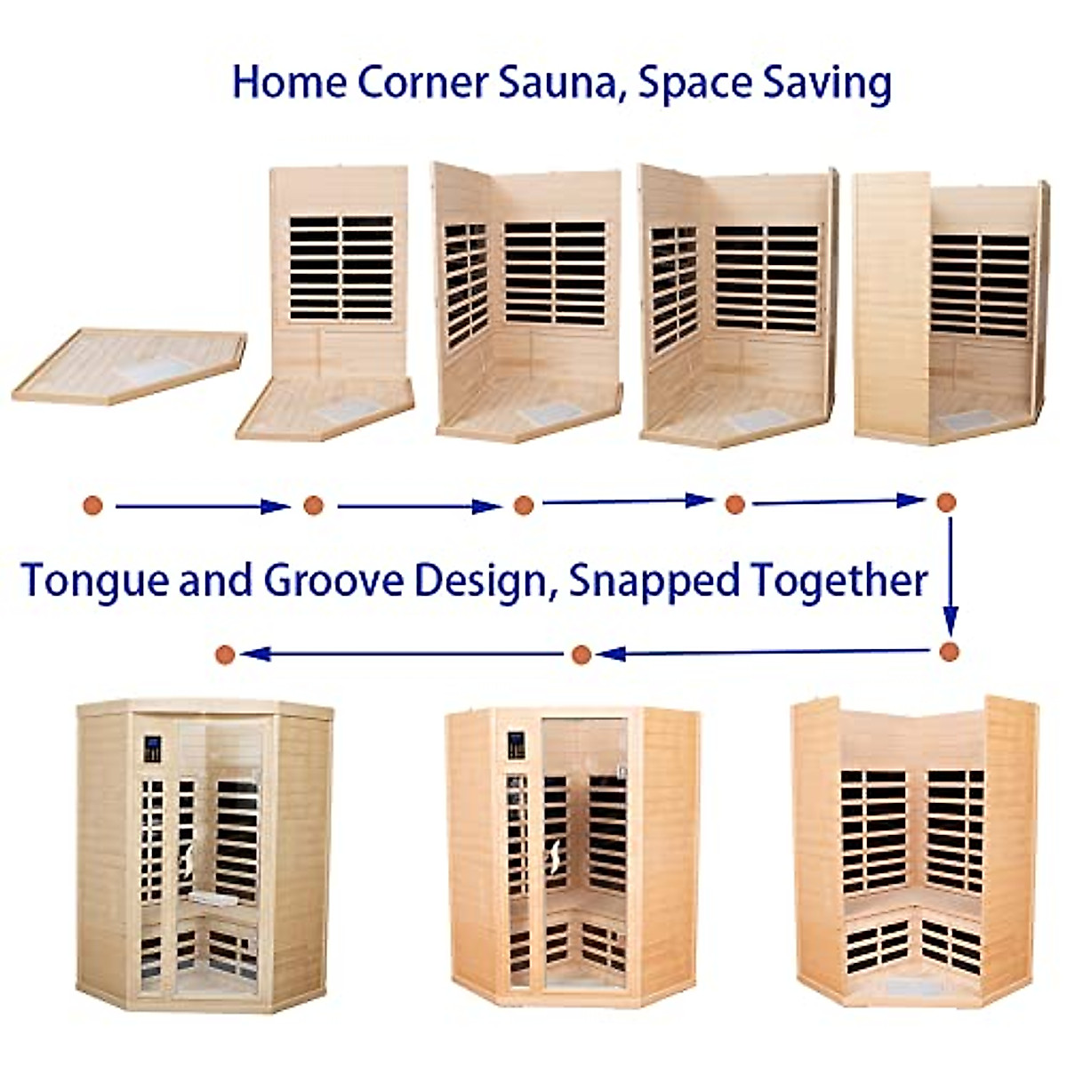 Xmatch Far Infrared Wooden Sauna Room, 2-Person for Corner Space, with 1600W, 7 Low EMF Heaters, 2 Bluetooth Speakers, 2 LED Reading Lamp and 3 Chromotherapy Lights